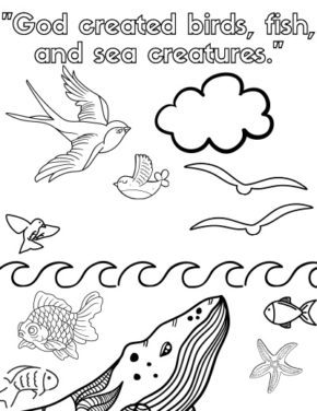 Free Coloring Pages with Fish in Water and Birds in Sky & book for kids.