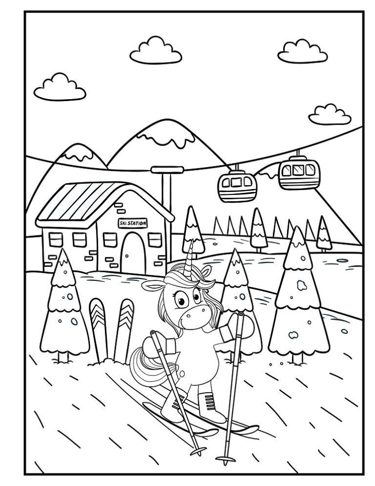 Unicorn Winter Coloring Pages & book for kids.