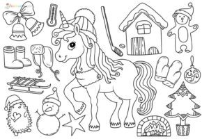 Winter Unicorn Coloring Pages & book for kids.